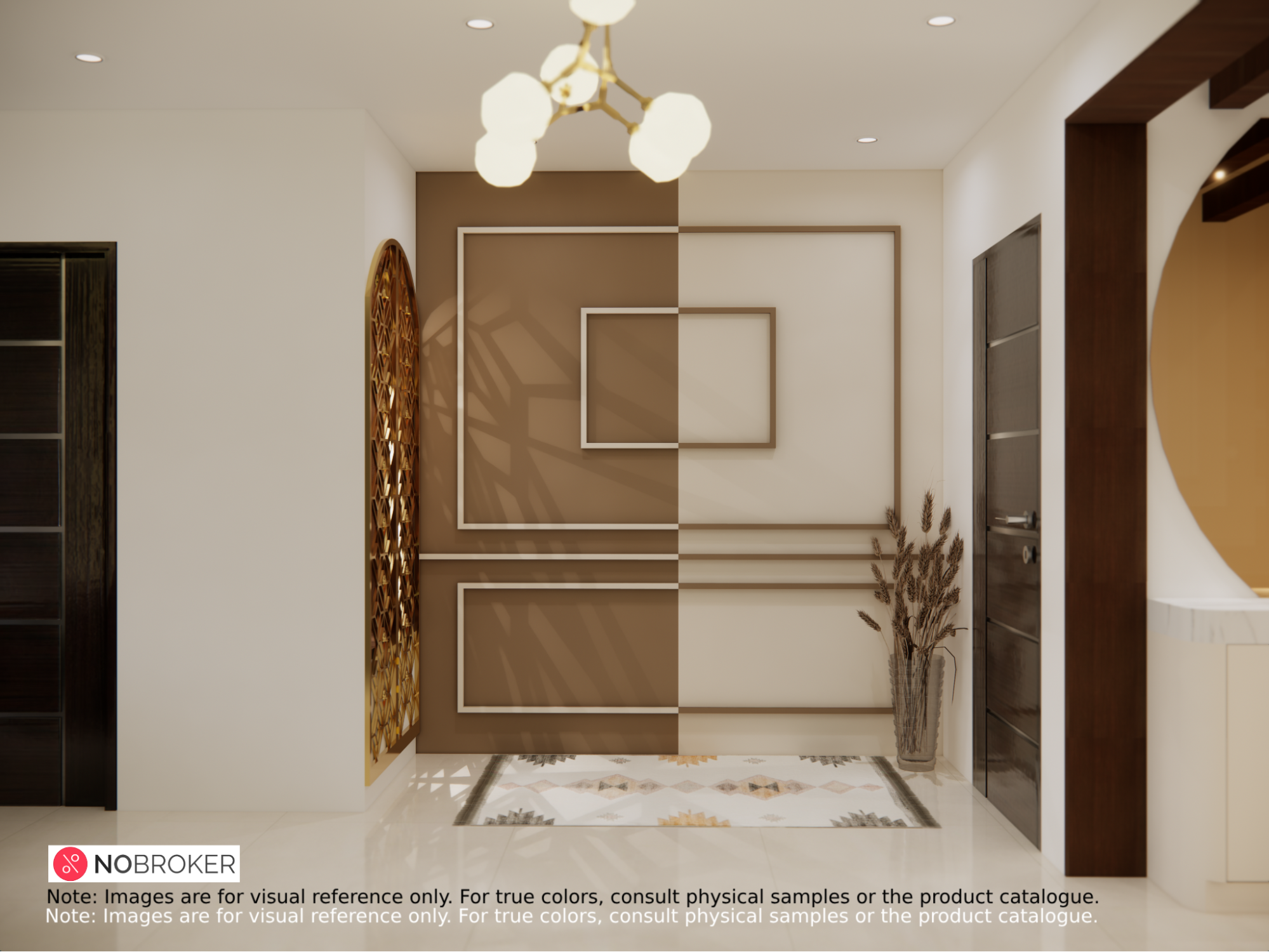 Symmetrical Foyer Wall Panel Design with Gold Jali Screen